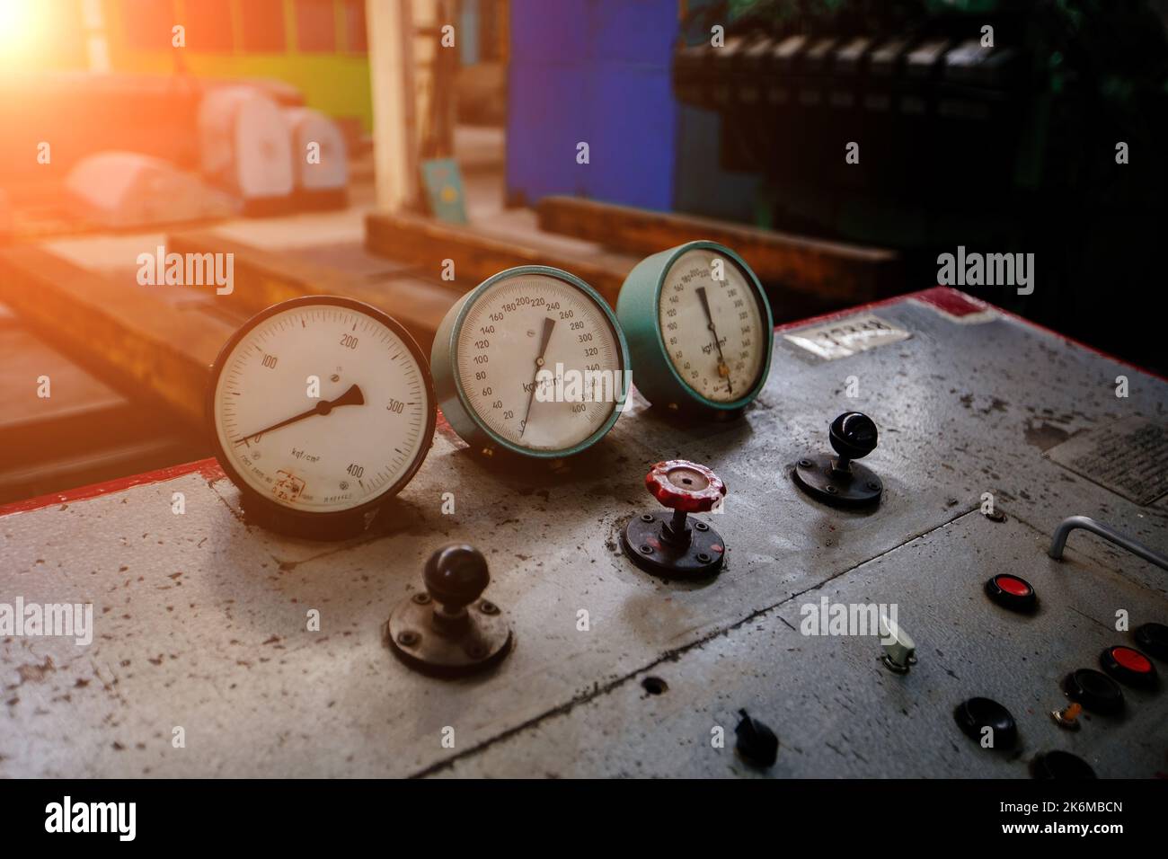 Control panel with buttons and pressure gauge Stock Photo - Alamy