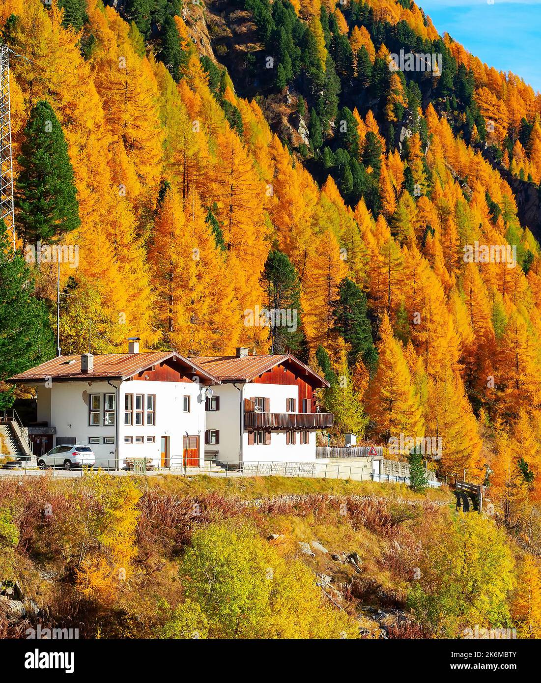 Scenic Alps landscape with autumn golden forest and hotel houses at mountain slope, Italy Stock ...