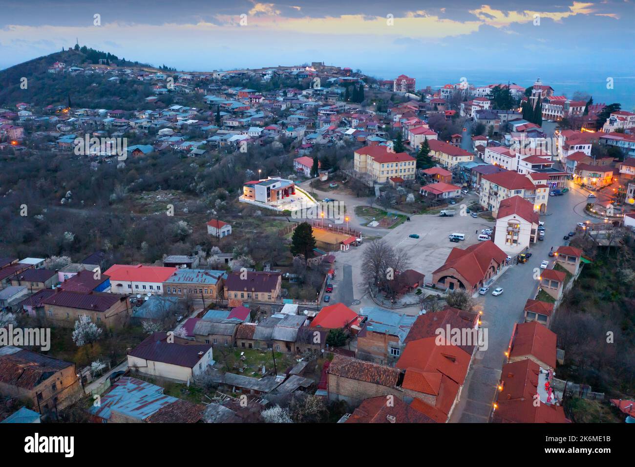 View from drone of Signagi in spring twilight, Georgia Stock Photo - Alamy