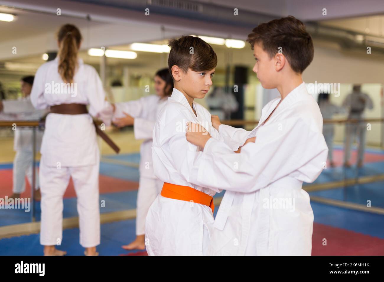 Kids in kimonos exercising techniques in pair during taekwondo class at ...
