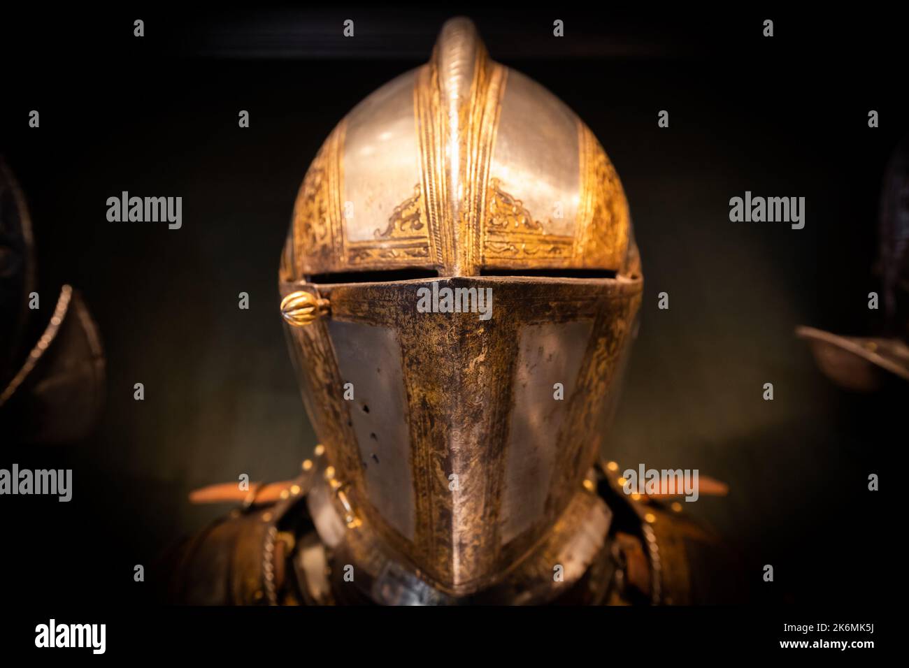 Antique armour on black background. Concept for security, safety and ...