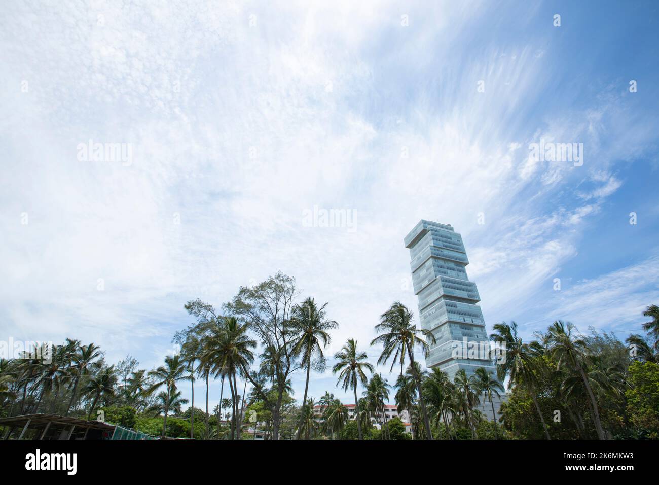 Palm framed view of the skyline of downtown Boca Del Rio, Veracruz ...