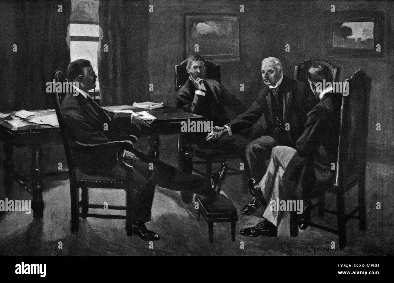 President Theodore Roosevelt and J.P. Morgan have a meeting where they ...