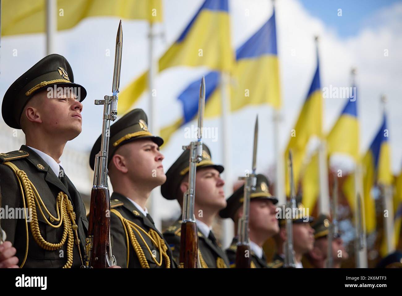 Kyiv, Ukraine. 14th Oct, 2022. Ukrainian servicemen attend the ceremony ...