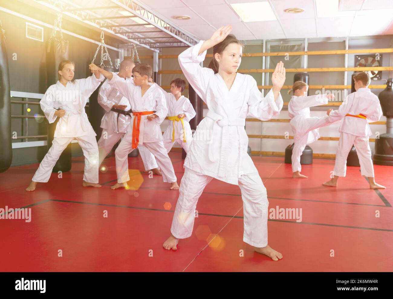 Girl practicing new moves during karate class Stock Photo - Alamy