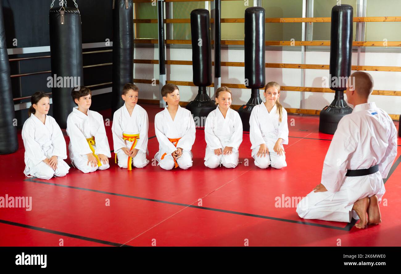 Group of karate kids and trainer in gym Stock Photo - Alamy