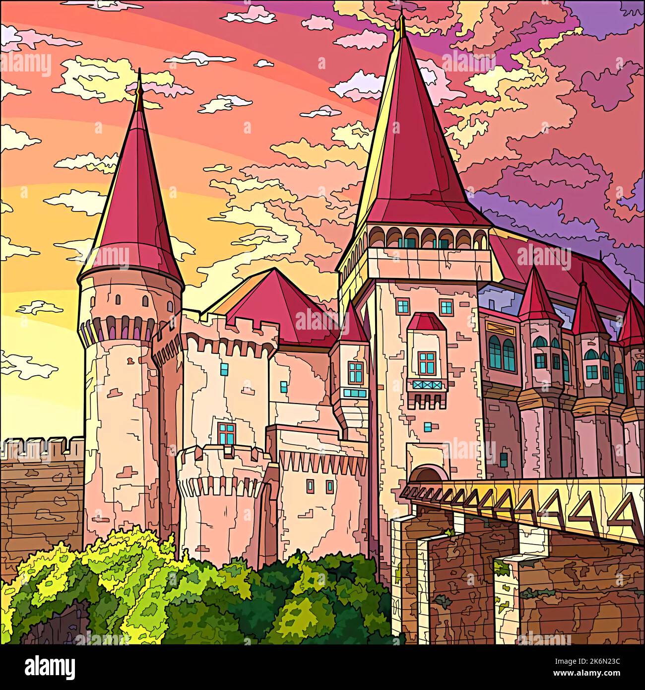 illustration of castle building in the evening Stock Photo - Alamy