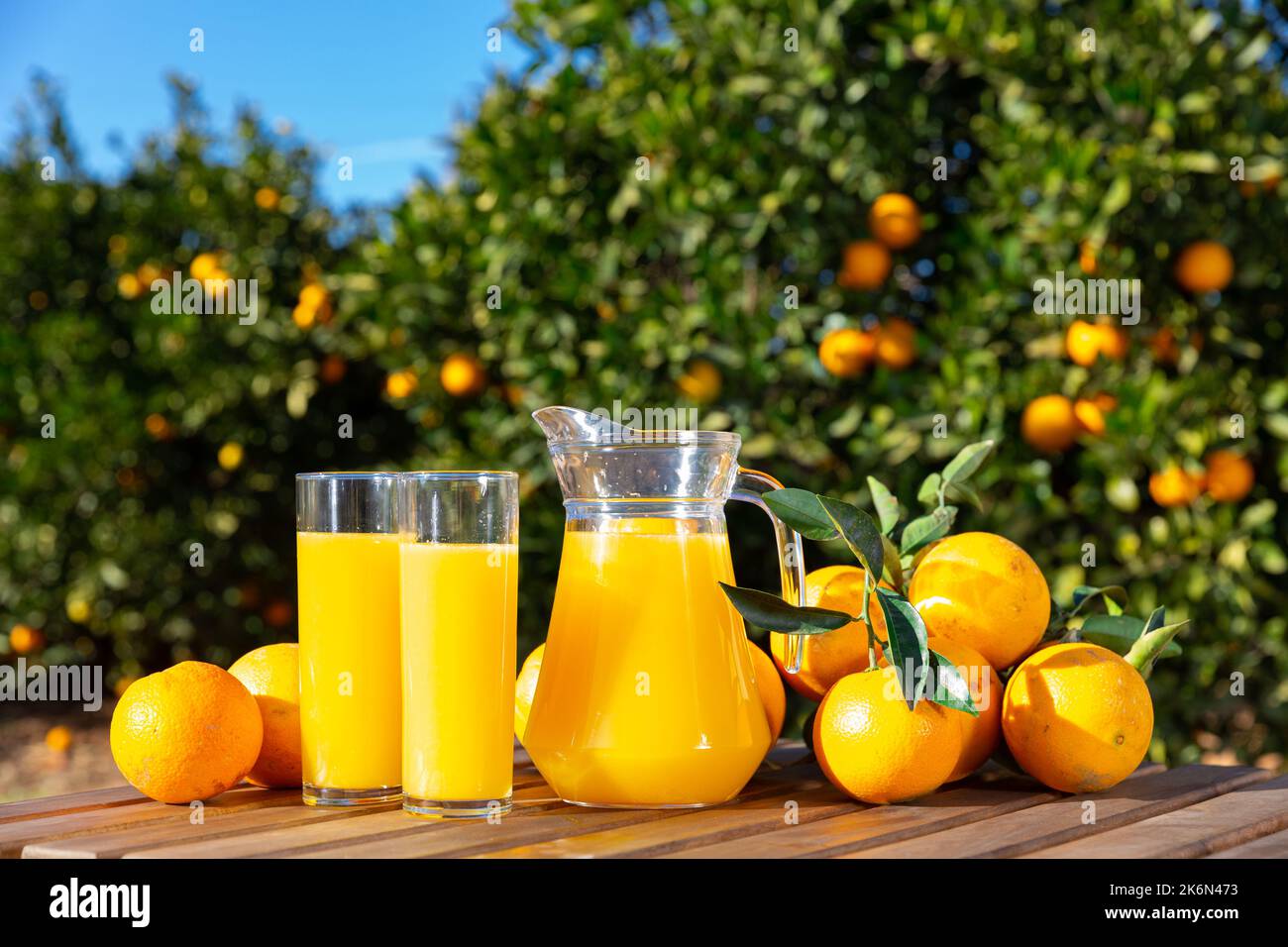 Glass jug and glasses with fresh orange juice on wooden table with ...