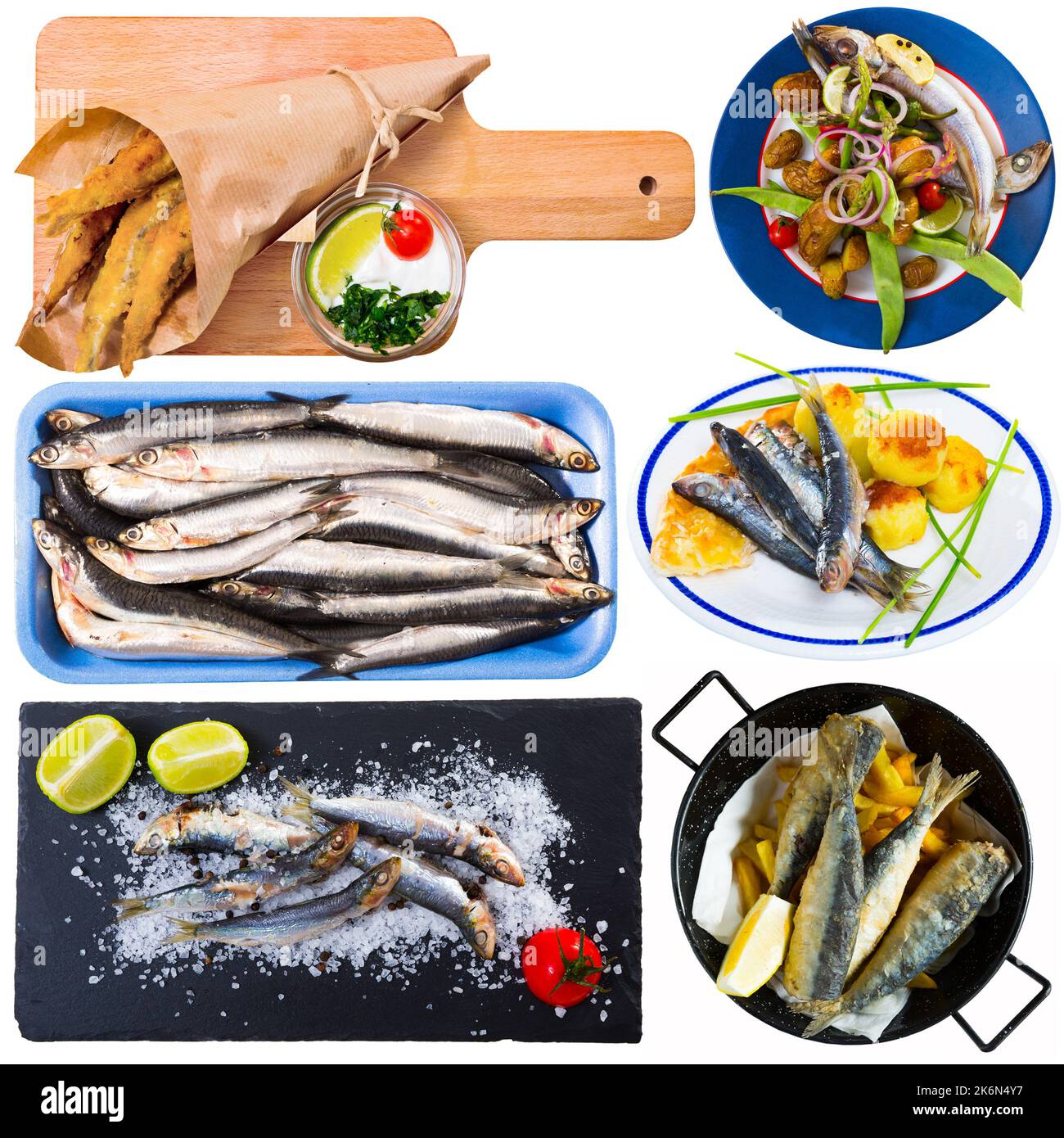 Assorted dishes from small fish - sprat, hamsa, anchovy Stock Photo - Alamy