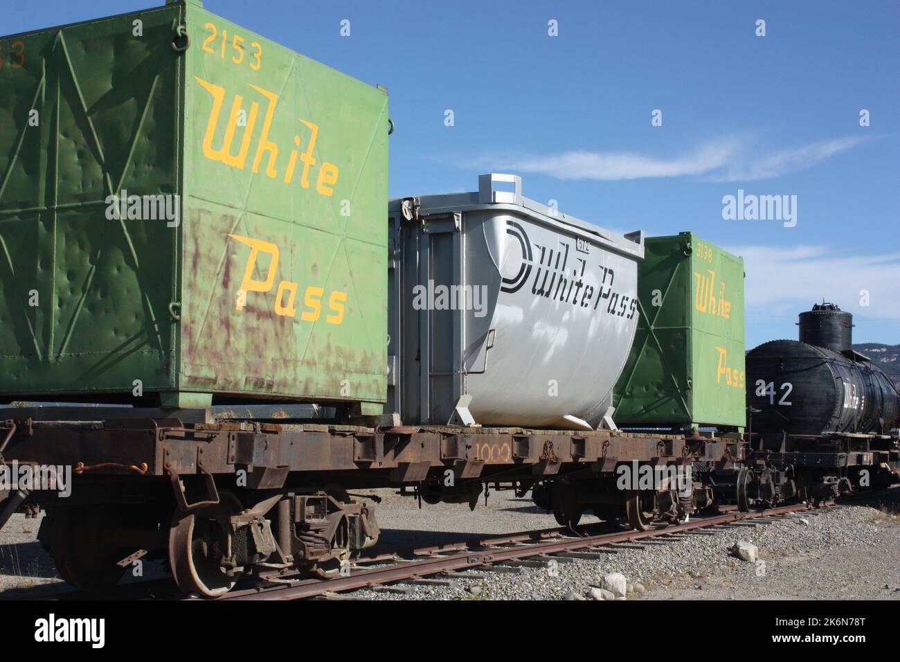 Goods wagon for the White Pass railway on tracks at the Yukon ...