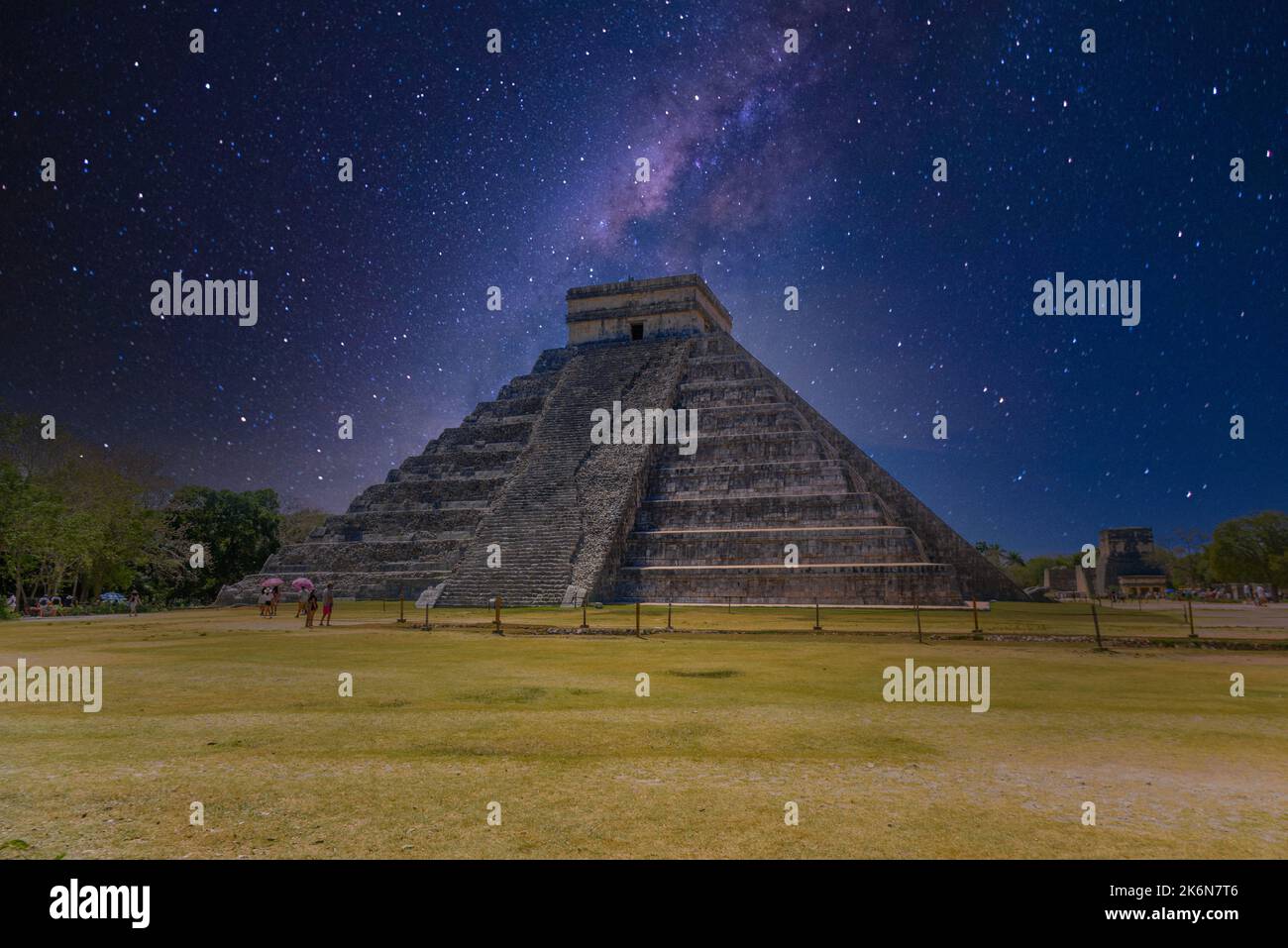 Temple Pyramid of Kukulcan El Castillo with Milky Way Galaxy stars ...