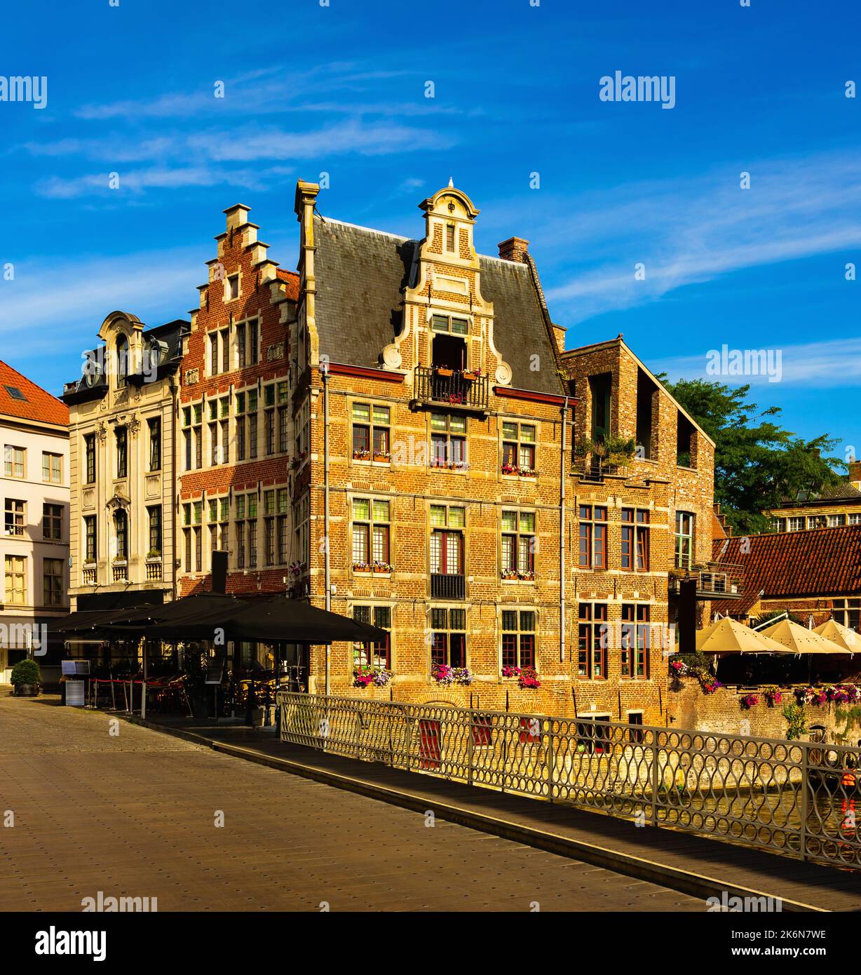View of Graslei quay and Leie river in the historic city center in ...