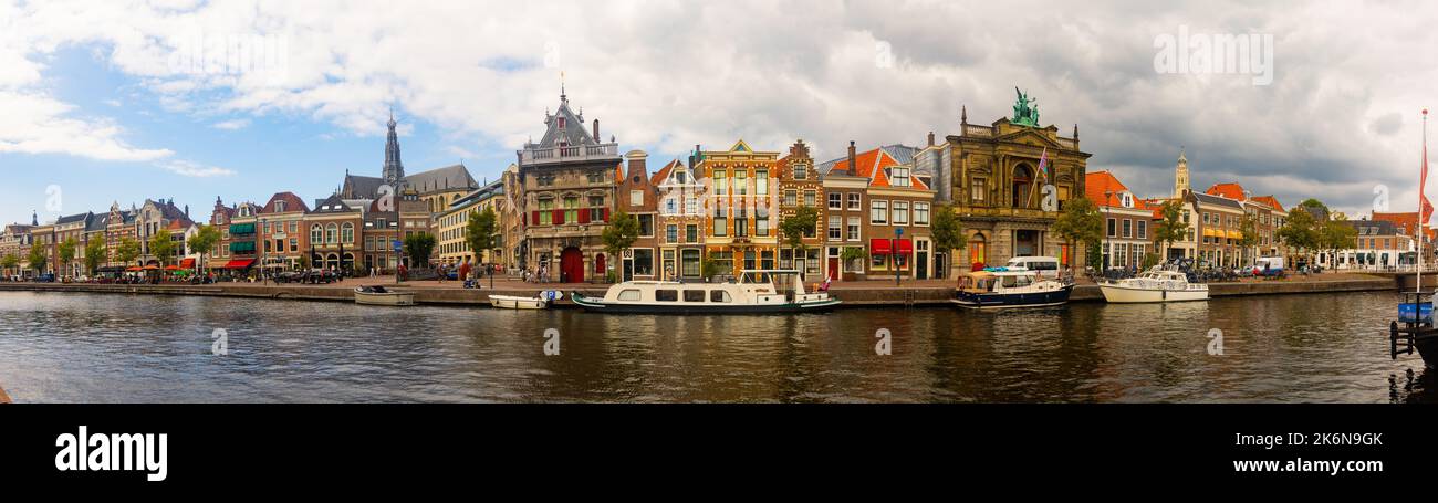 Scenic panoramic view of Haarlem embankment on Spaarne river Stock ...