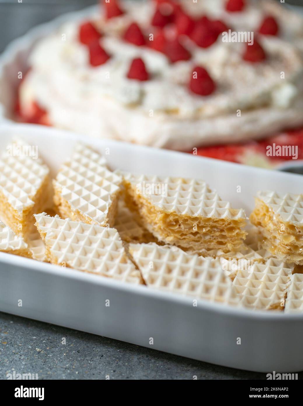 Home made deserts on beautiful white dishes Stock Photo - Alamy