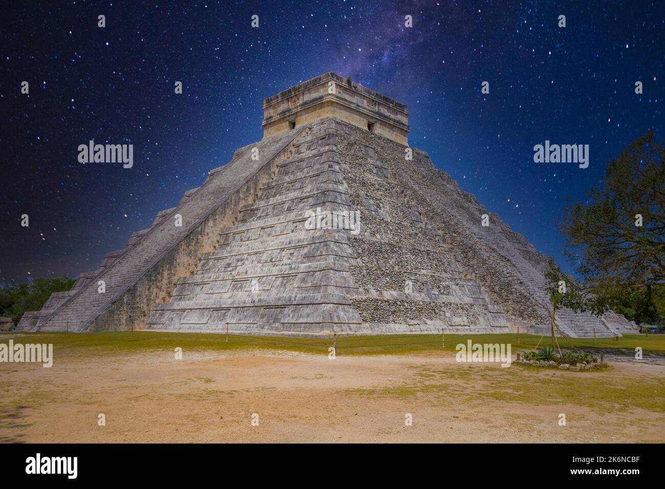 Temple Pyramid of Kukulcan El Castillo with Milky Way Galaxy stars ...