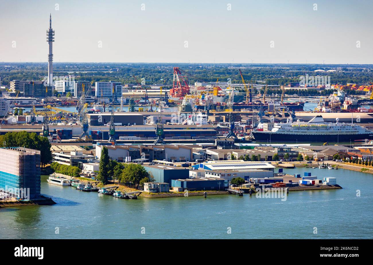 Drone view of Rotterdam Sea Port at mouth of rivers Rhine and Meuse on ...