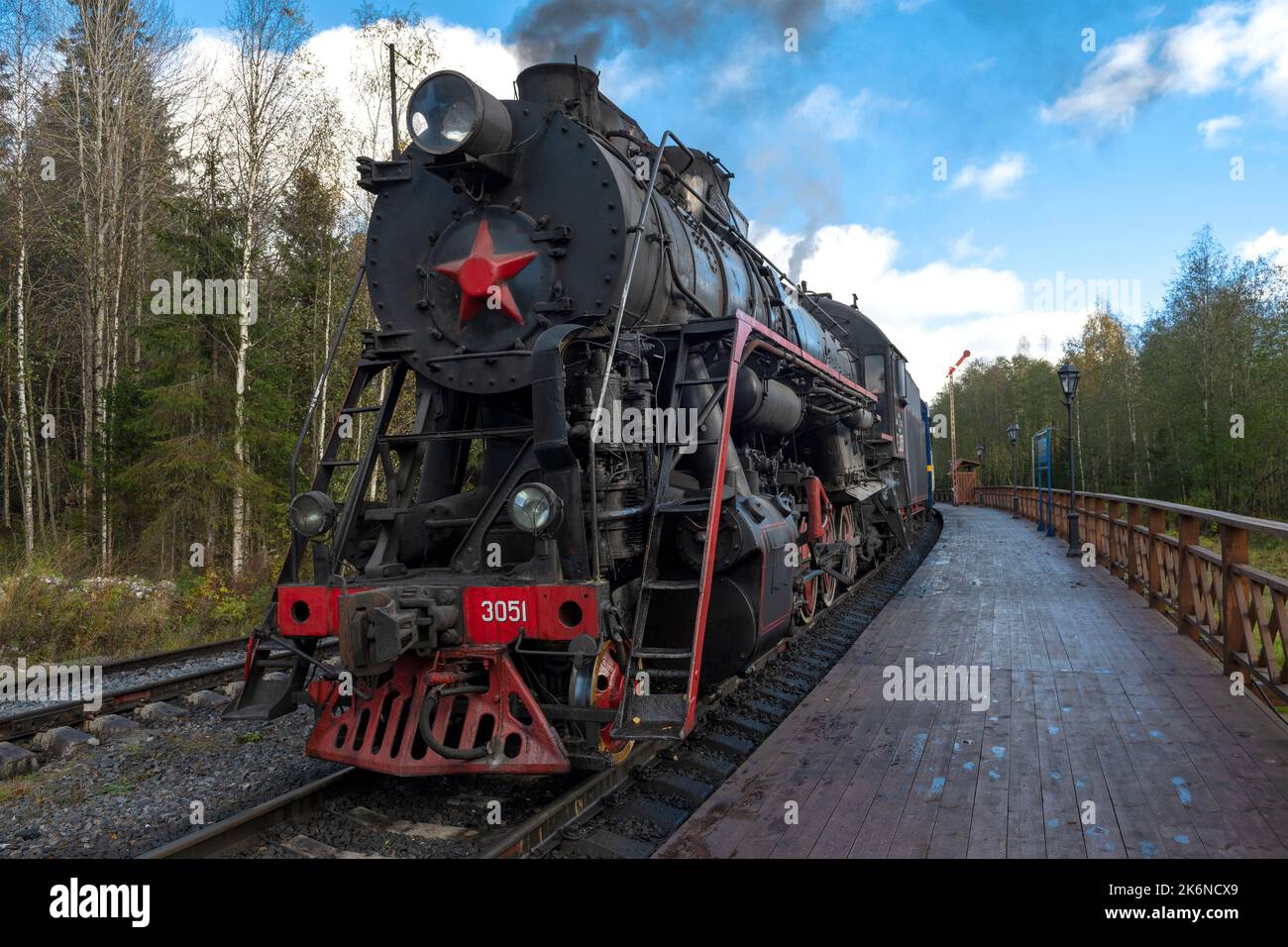 RUSKEALA, RUSSIA - OCTOBER 09, 2022: Old soviet steam locomotive of L ...