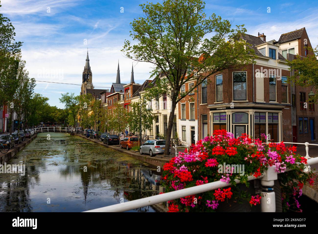 The canals and waterways in the city of Delft in the Netherlands on a ...
