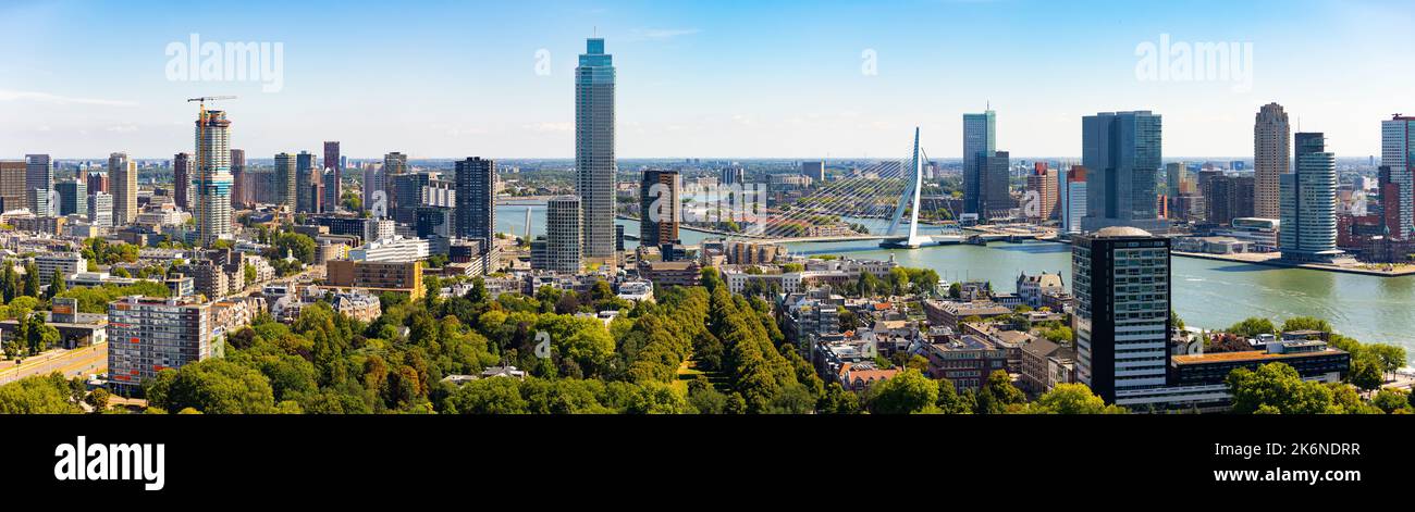 View from drone of Rotterdam city with modern districts and Erasmus ...