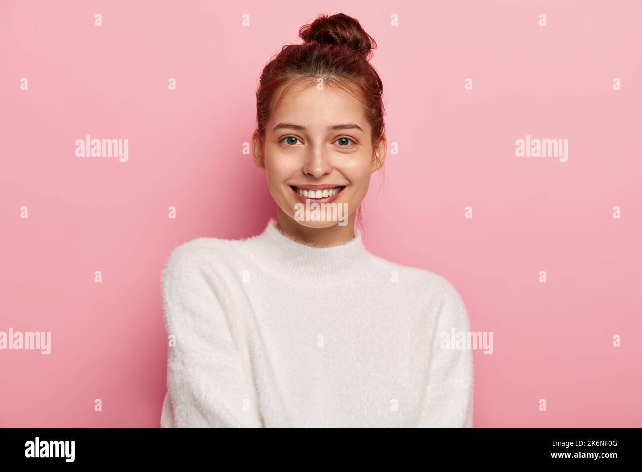 Beauty and facial expressions concept. Tender feminine woman with blue ...