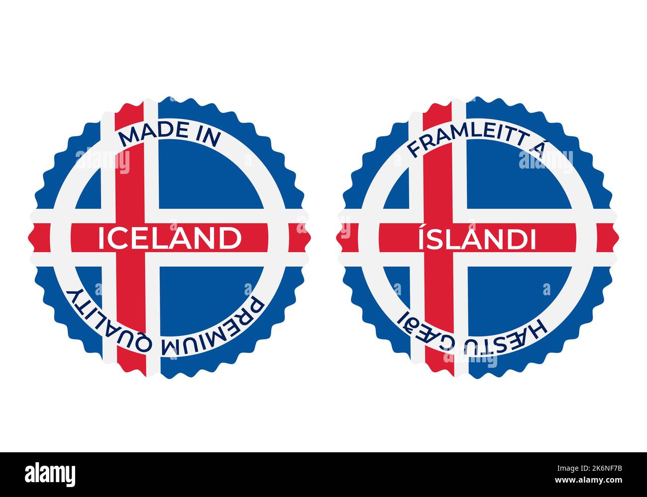 Made in Iceland round labels in English and in Icelandic languages ...