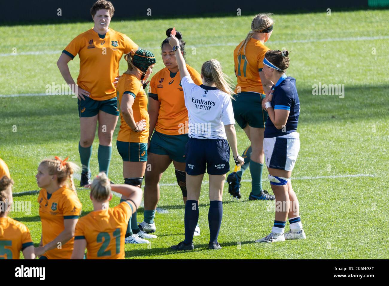 Match referee Lauren Jenner gives Australia's Adiana Talakai a red card ...