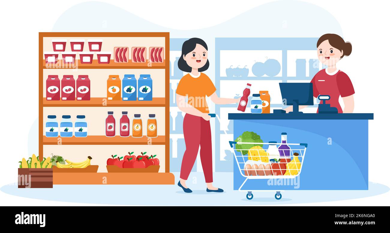 Grocery Store or Supermarket with Food Product Shelves, Racks Dairy ...