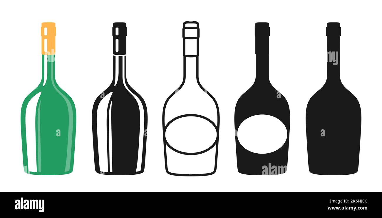 Wine champagne bottle and empty label set, silhouette, icon, stamp ...