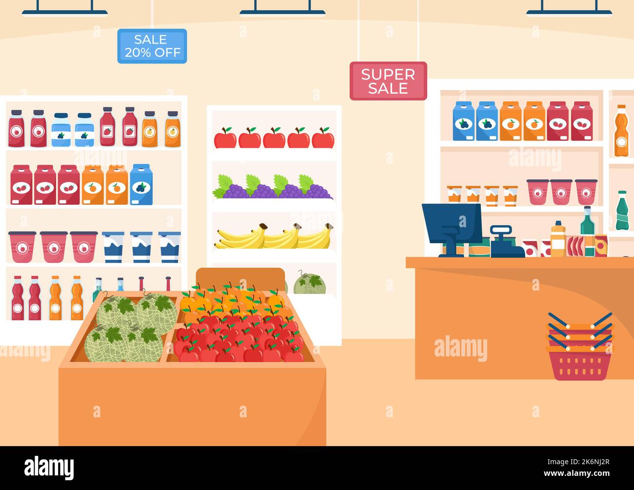 Grocery Store or Supermarket with Food Product Shelves, Racks Dairy ...