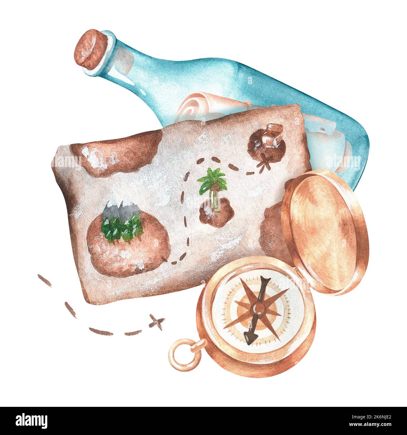 Pirate set. Treasure map, letter in a bottle and compass. Watercolor ...