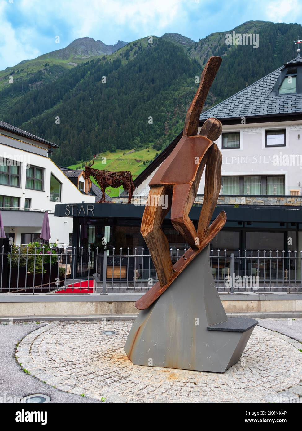 Ischgl, Austria - July 25, 2022: Metal sculpture of a Skier - boarder ...