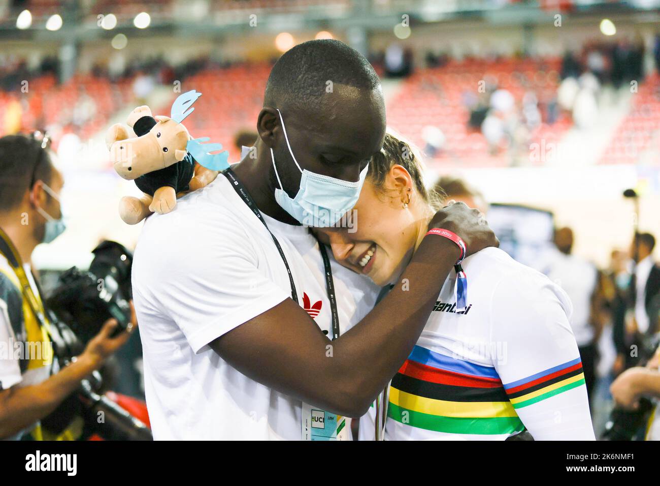 Mathilde Gros of France celebrates with Leslie Djhone, Gold medal ...