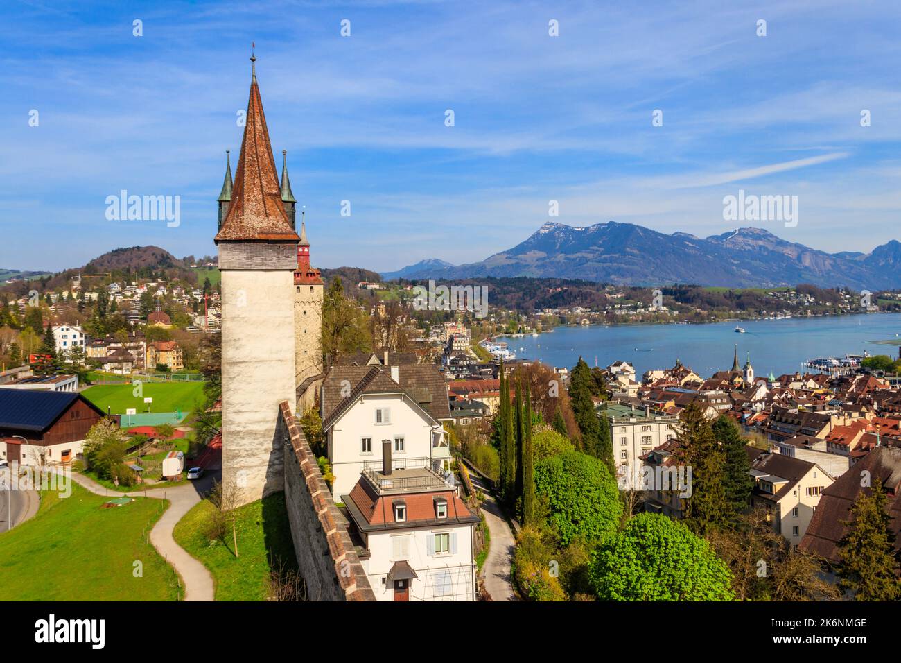 Top view on Lake Lucerne and old town with Musegg wall and towers in ...