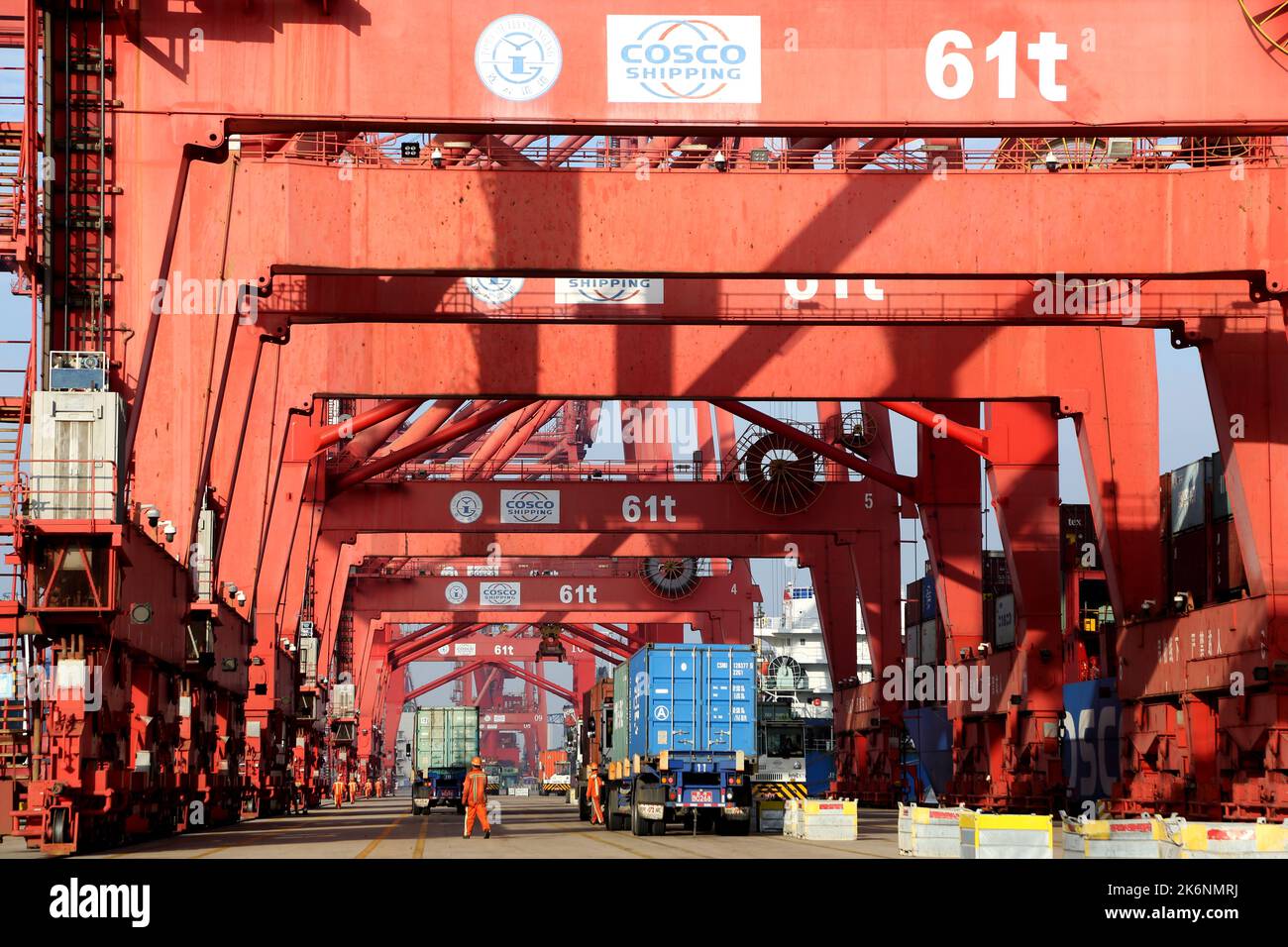 LIANYUNGANG, CHINA - OCTOBER 14, 2022 - Transport vehicles transfer ...