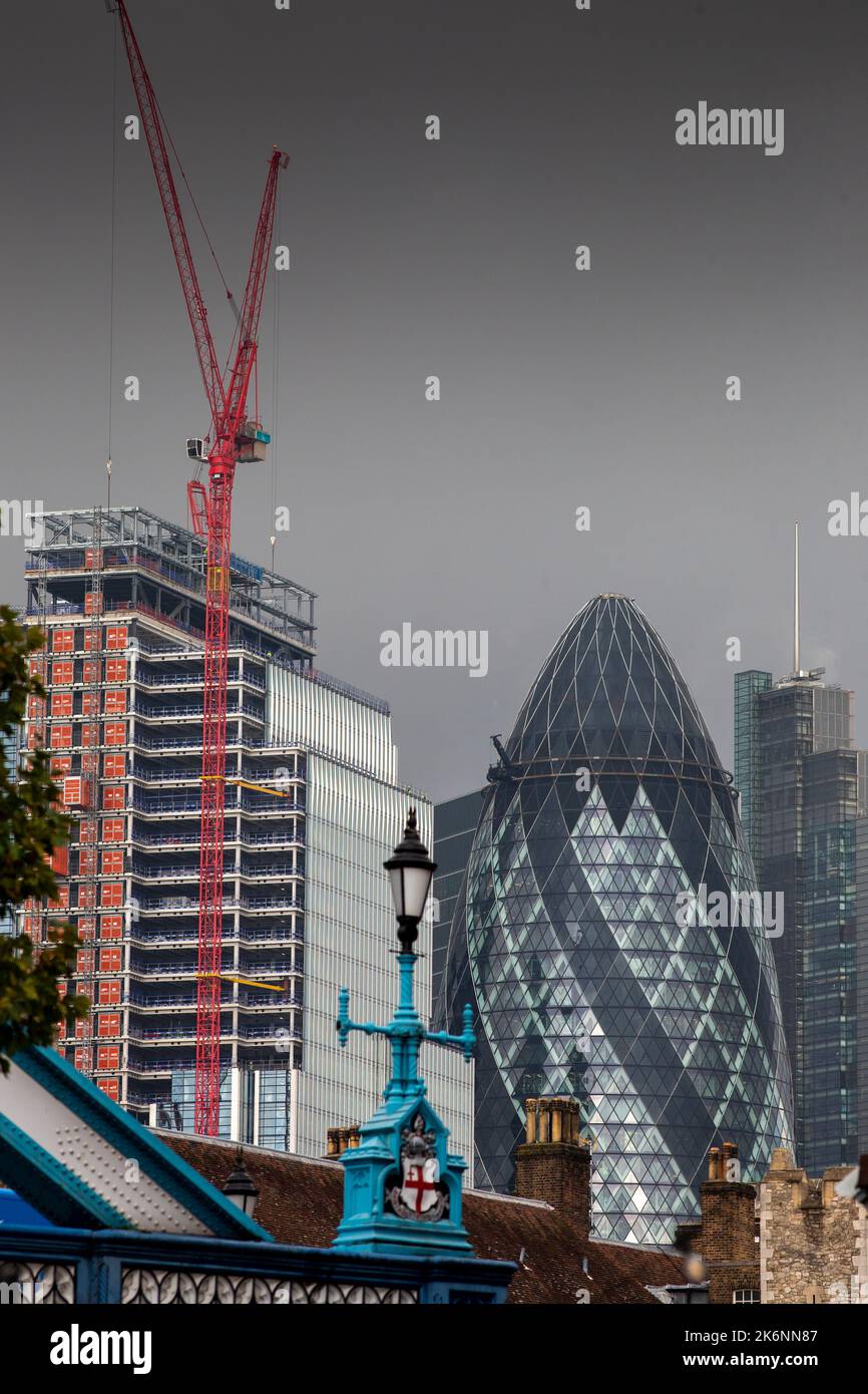 Construction work and a crane dominate the iconic view of the Gherkin ...