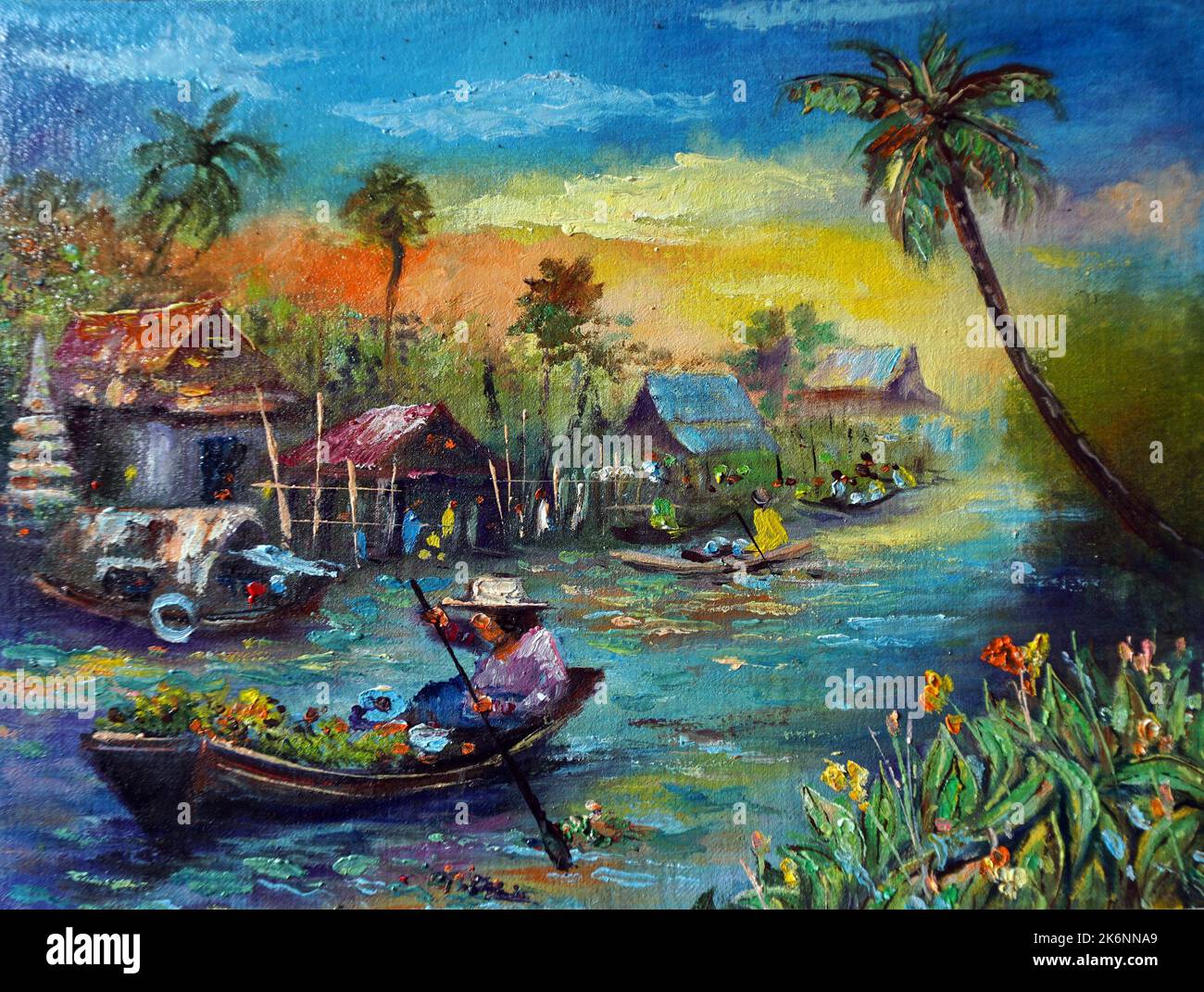 Art painting Oil color Floating market Thailand Stock Photo - Alamy