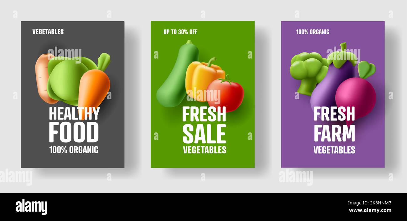 Vegetables grocery shop promo posters set, 3d render illustrations of ...