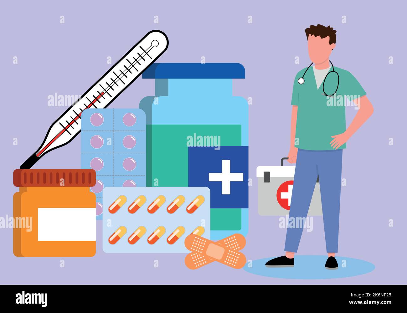 A medical professional stands next to pills and a thermometer Stock ...