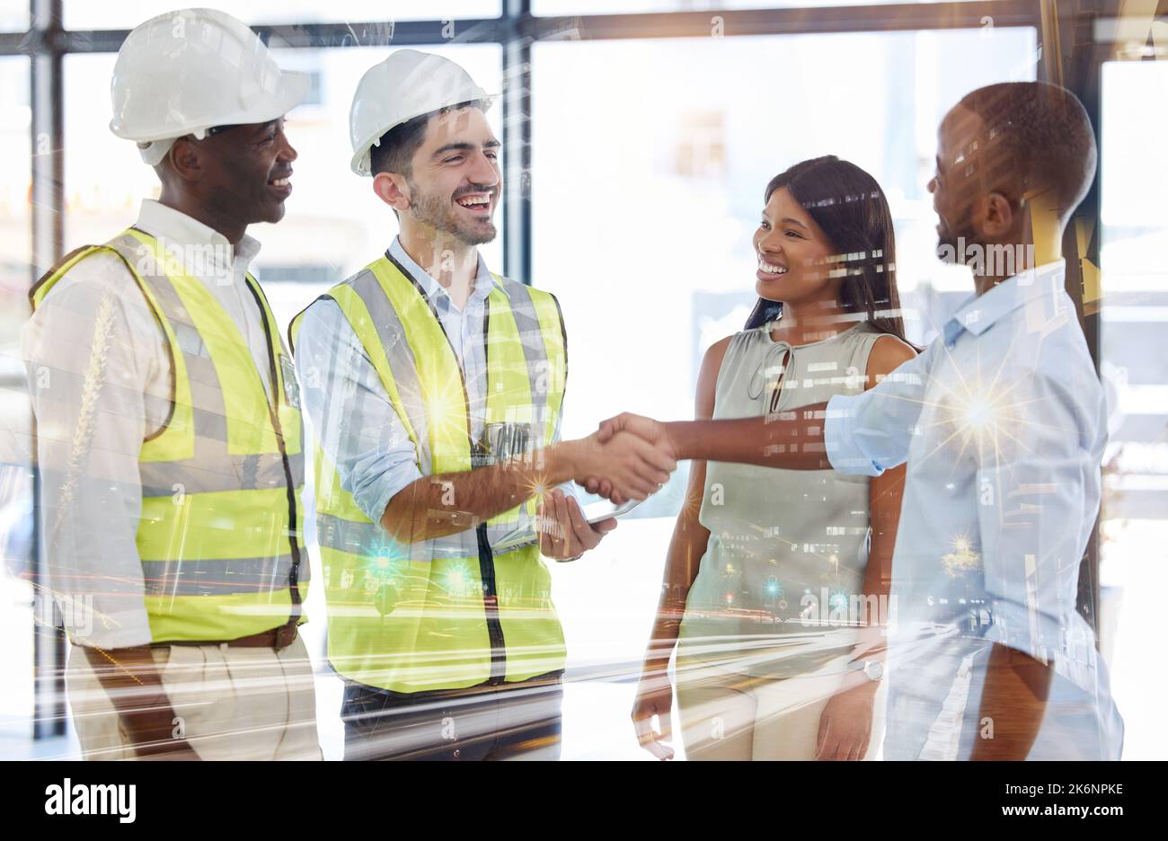 Overlay, architecture and businessman shaking hands with engineering ...