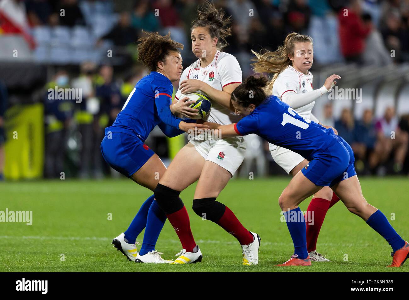 England's Emily Scarratt is tackled during the Women's Rugby World Cup ...