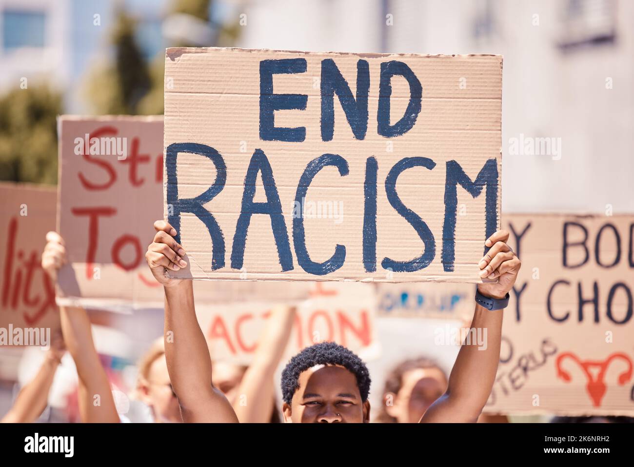 Protest, racism poster and walking people for human rights, black lives ...