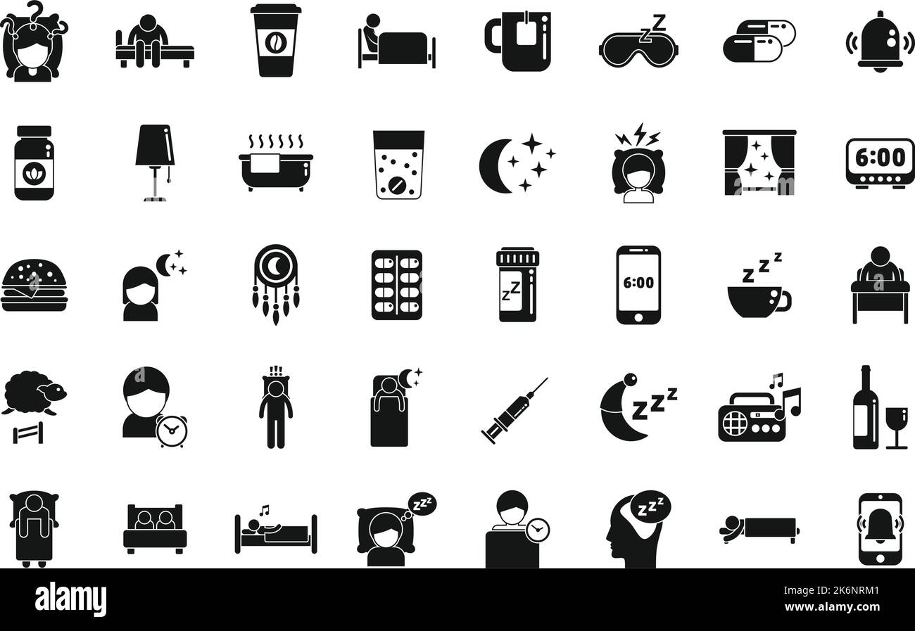 Sleep problems icons set simple vector. Sleep mask. Dream trouble Stock ...
