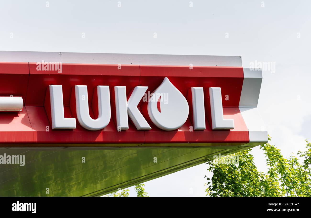 gas station sign of the Lukoil Oil Company. Russian multinational full ...
