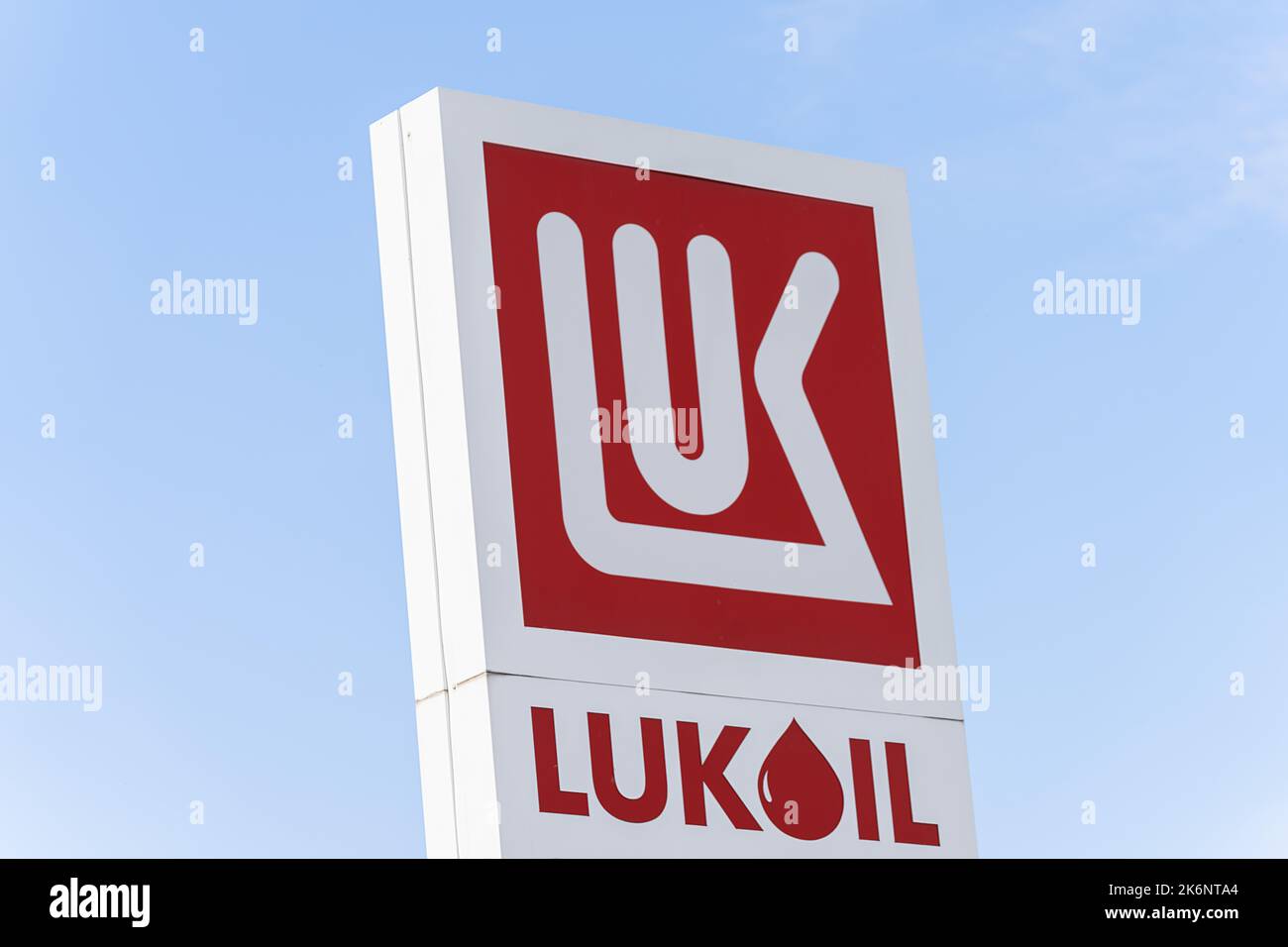 gas station sign of the Lukoil Oil Company. Russian multinational full ...