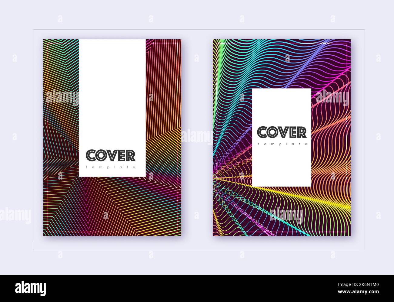 Hipster cover design template set. Rainbow abstract lines on wine red ...