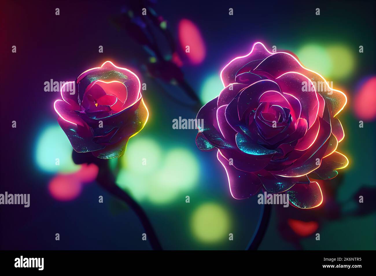 Fantasy magical dark background with magic rose flower reflection neon ...