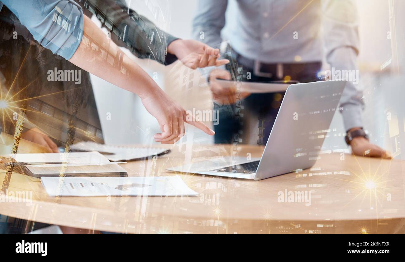 Business people, hands and laptop double exposure, planning and ...