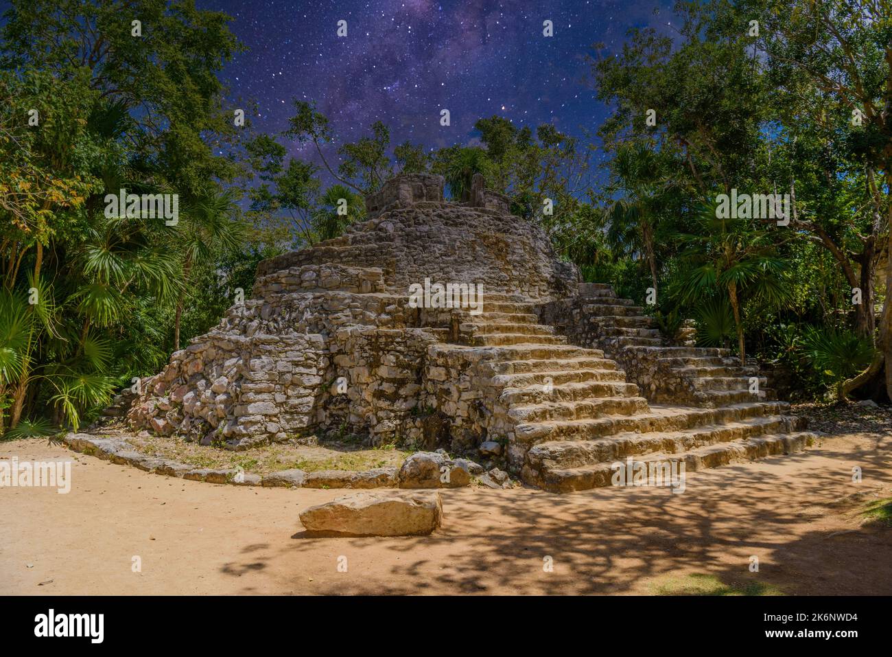 Mayan ruins in shadow of trees in jungle tropical forest Playa del ...
