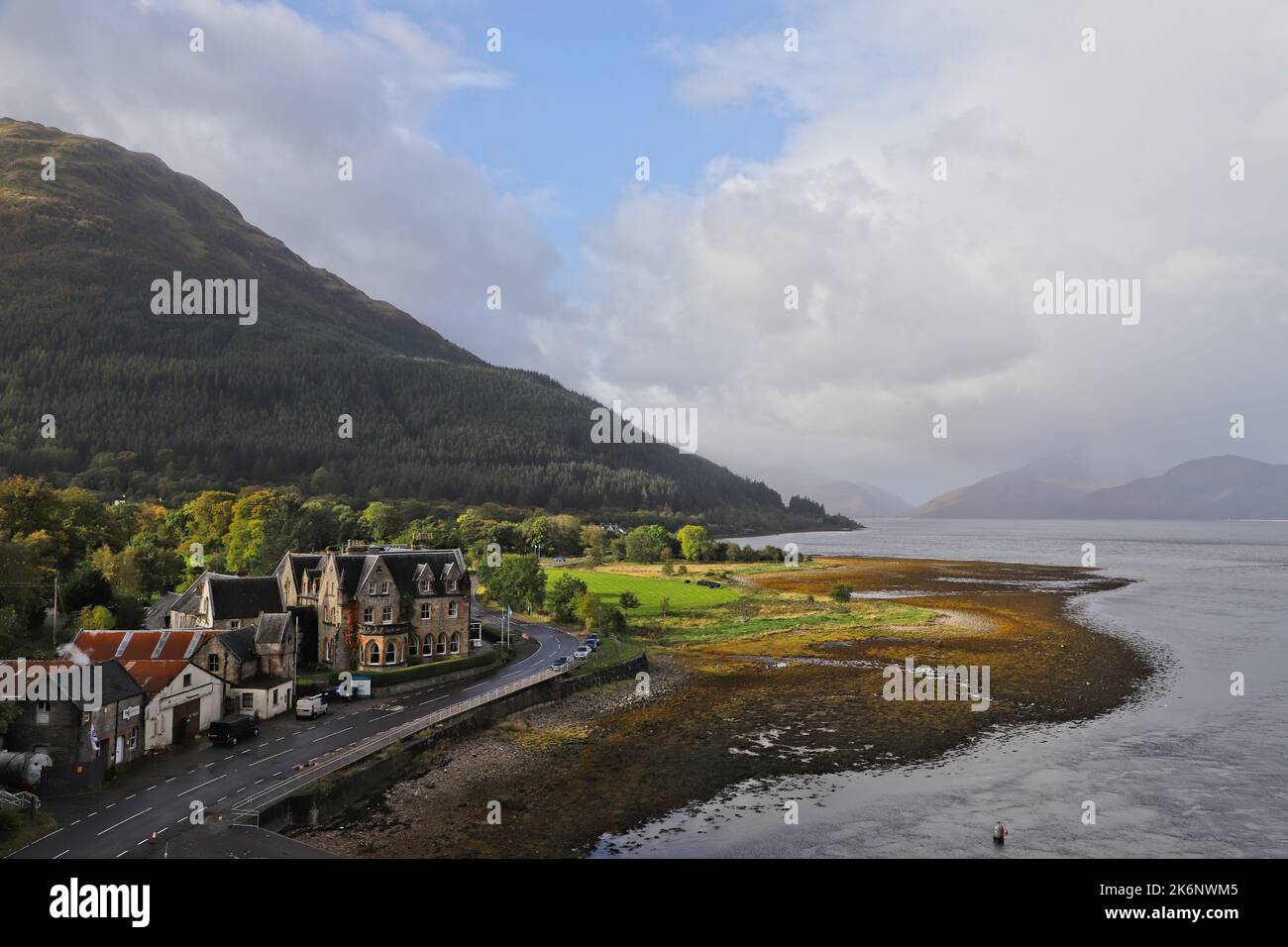 Elevated view of Ballachulish Hotel and Loch Linhe from Ballachulish ...