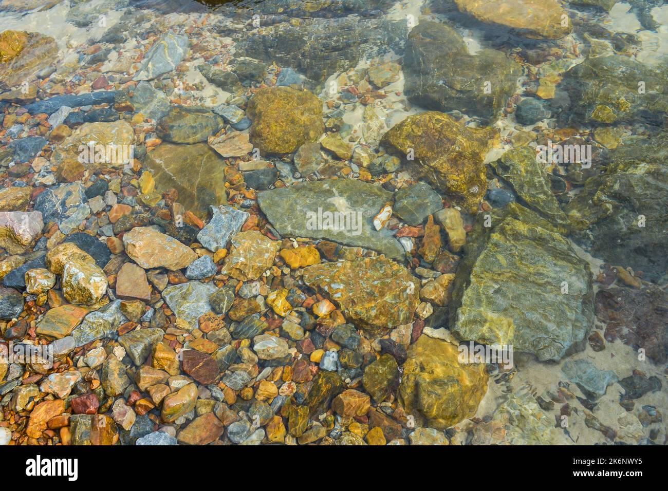 Crystal clear shallow sea water showing rocks underneath Stock Photo ...